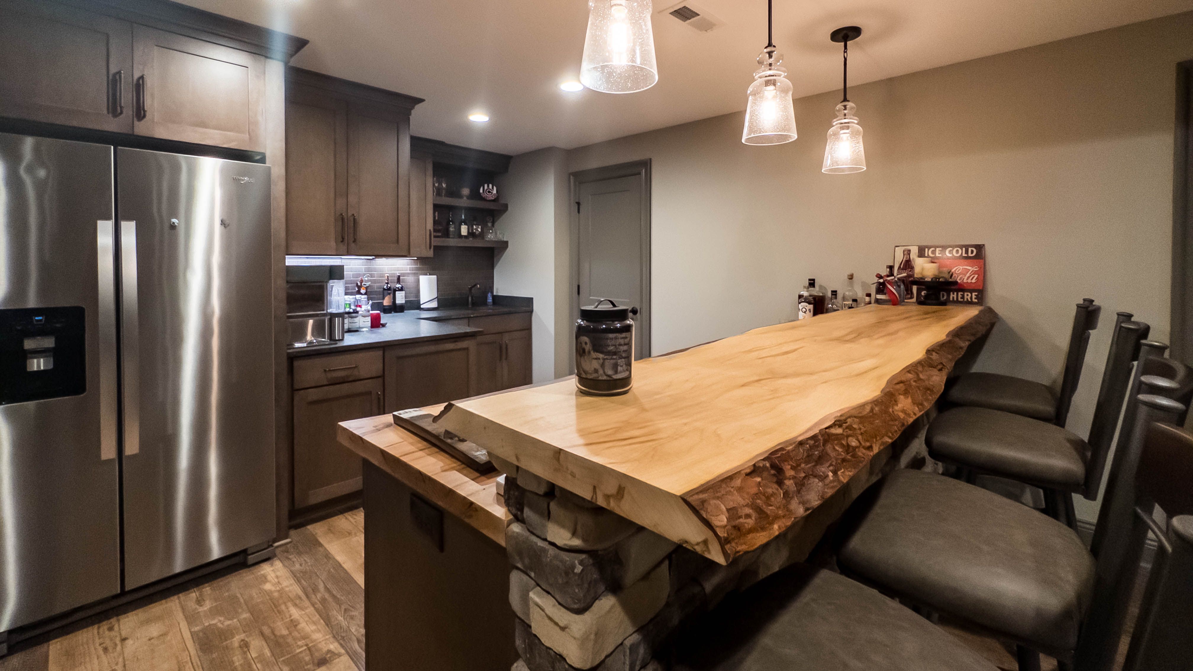 Basement Bar with Live Edge Counter top – Tom Waller Signature Homes